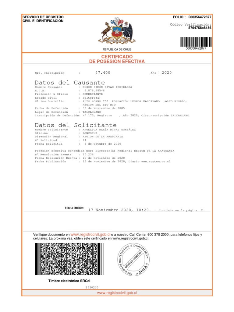Certificado Posesion Efectiva - Angelica Rivas | PDF