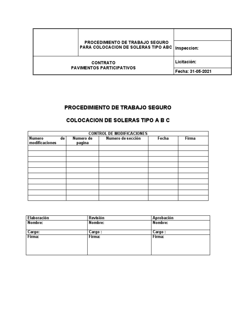 Procedimiento-Trabajo-Seguro-Colocacion-de-Soleras 2021 | PDF | Máquina elevadora | Hormigón
