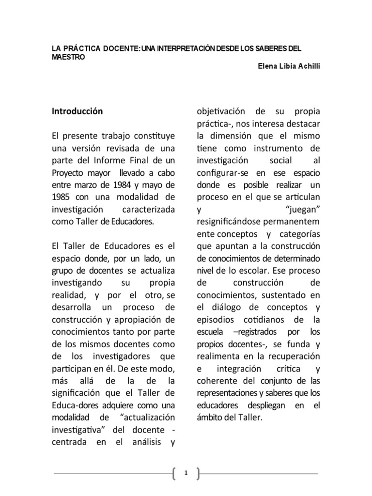 Achilli Elena 1986. La Practica Docente Una Interpretacion Desde Los Saberes Del Maestro 1 | PDF ...