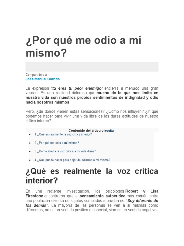Por Qué Me Odio A Mi Mismo | PDF | Pensamiento | Autoestima
