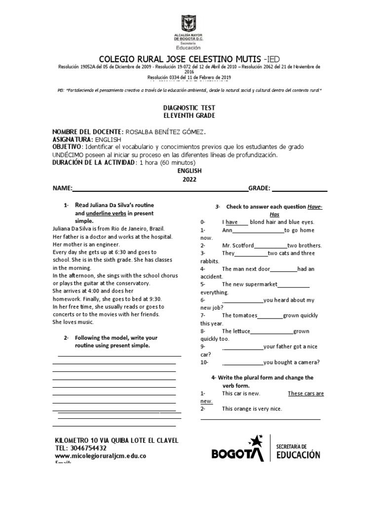 English Diagnostic Test for Eleventh Grade | PDF | Languages | Foreign ...