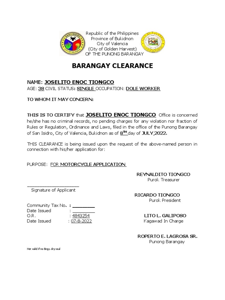 Barangay Clearance 2022 | PDF