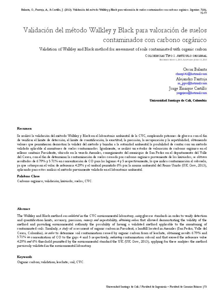 Validación Del Método Walkley y Black Determinación Carbono Orgánico ...