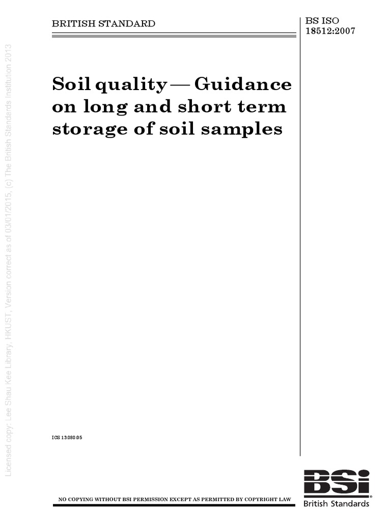 BS ISO 18512 - 2007 Soil Quality. Guidance Storage of Soil Samples ...