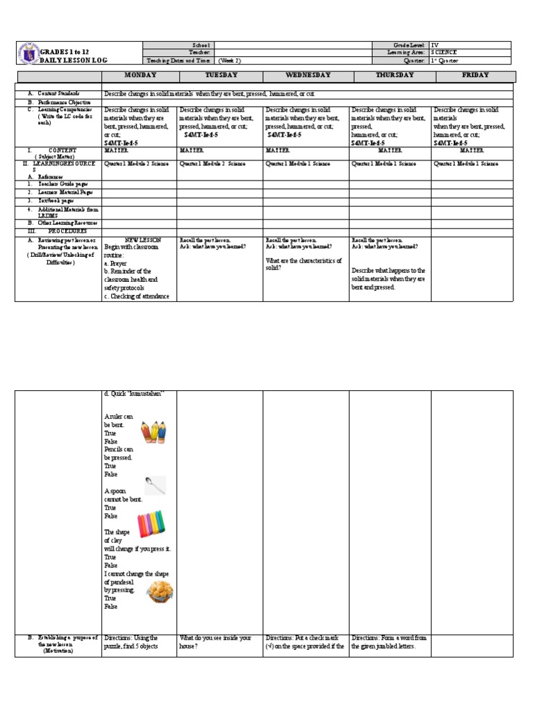 DLL Week 2 Science | PDF | Teachers | Cognition