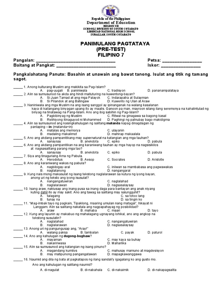 Filipino 7 Pre-Test | PDF