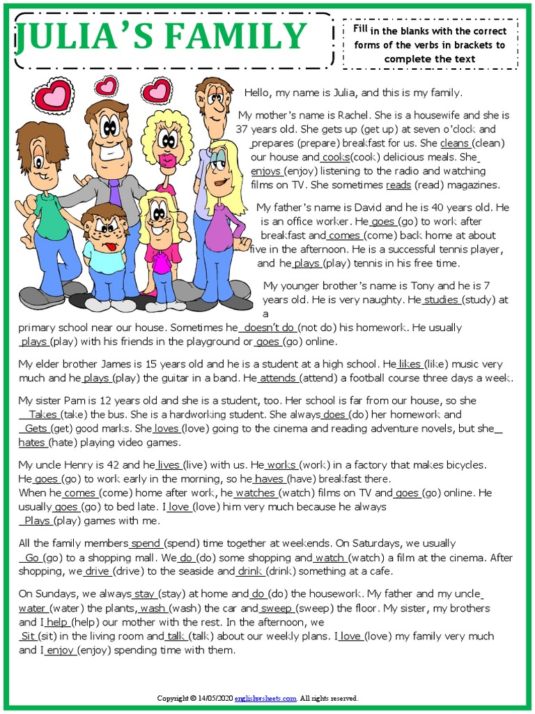 Present Simple Julias Family Esl Reading Text Gap Fill Exercise ...