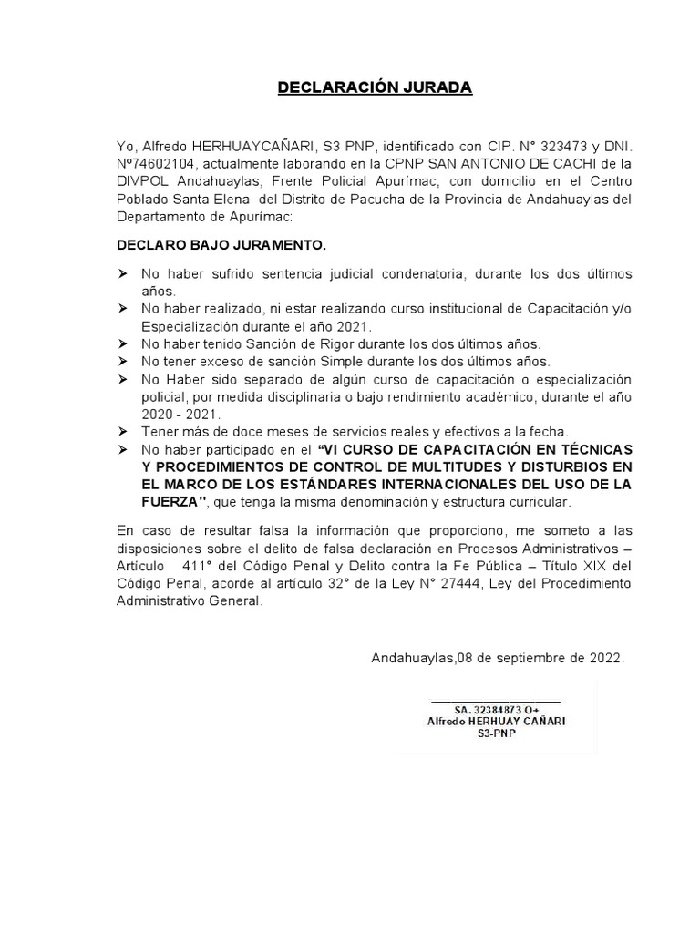 Declaracion Jurada Modelo | PDF