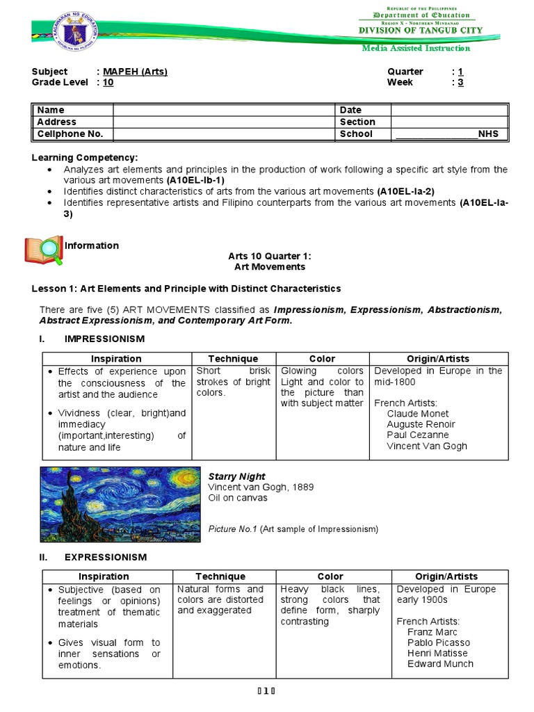 MAPEH 10 Q1 - Week 3 (Arts) | PDF | Abstract Art | Cubism