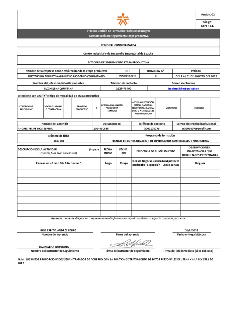 Ficha 2517668 Formato Bitacora No. 3.Xlsx - Formato Bitácora | PDF