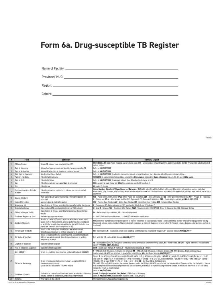 Form 6a. Drug Susceptible TB Register | Download Free PDF ...