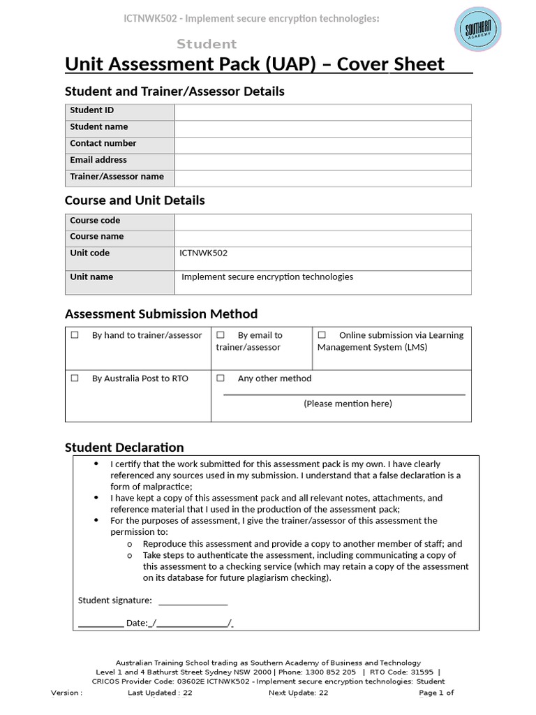 Unit Assessment Pack (UAP) - Cover Sheet: Student and Trainer/Assessor ...