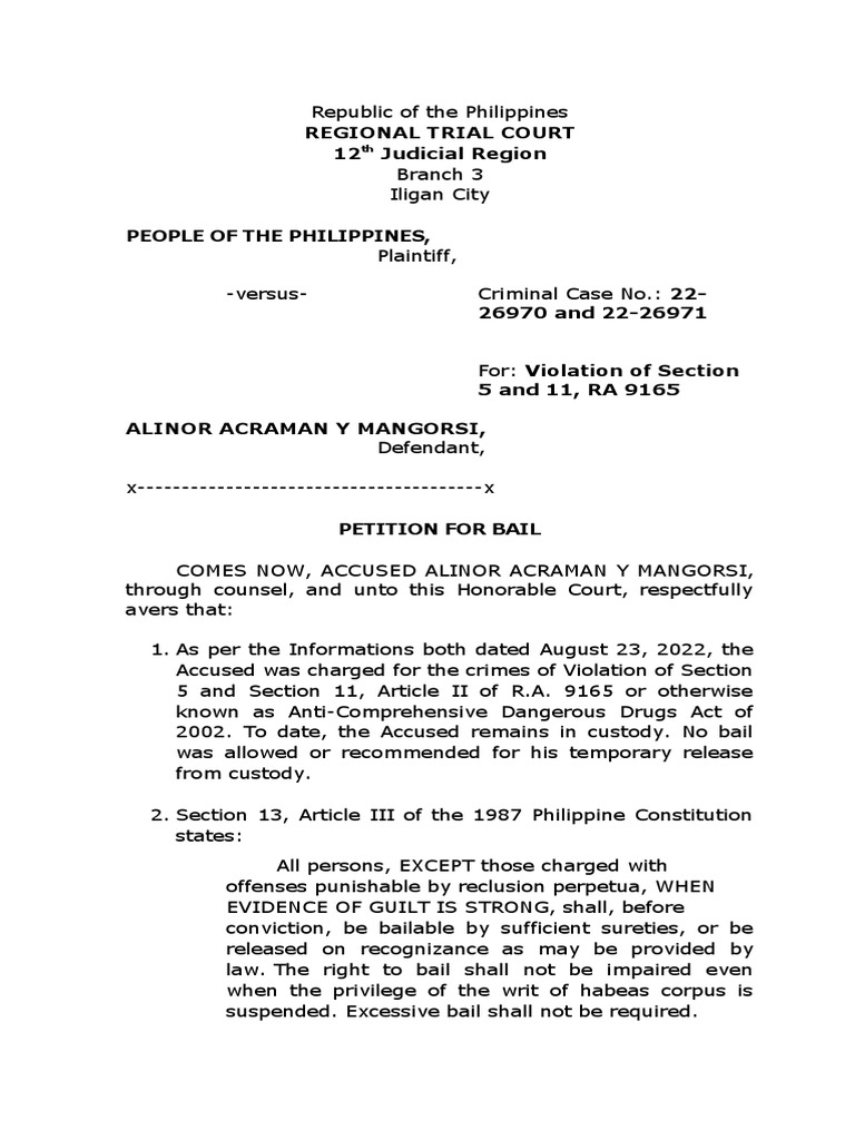 Petition For Bail Acraman | PDF | Bail | Crimes