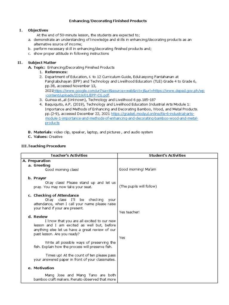 Detailed Lesson Plan in TLE 6 | PDF | Wood | Decorative Arts