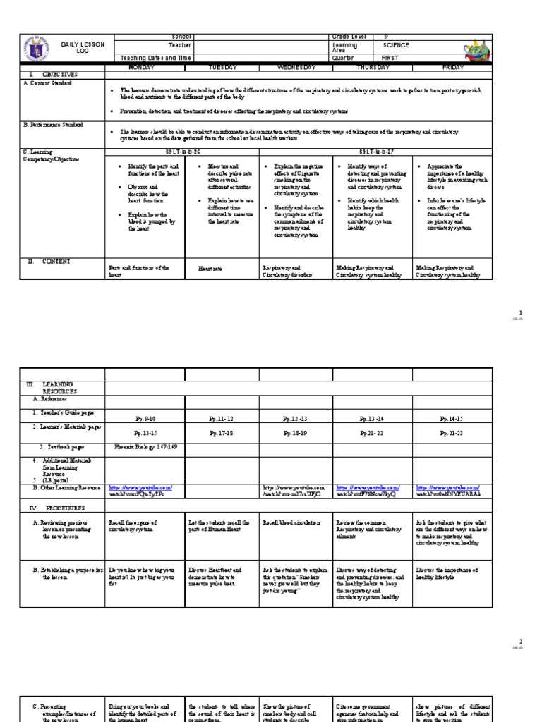 DLL Part 1 1ST QRTR G9 Respiratory | PDF | Heart | Preventive Healthcare