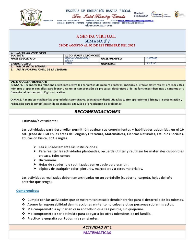 Agenda Matematicas Semana 7 Decimos A-B-C | PDF | Sustracción | Matemáticas