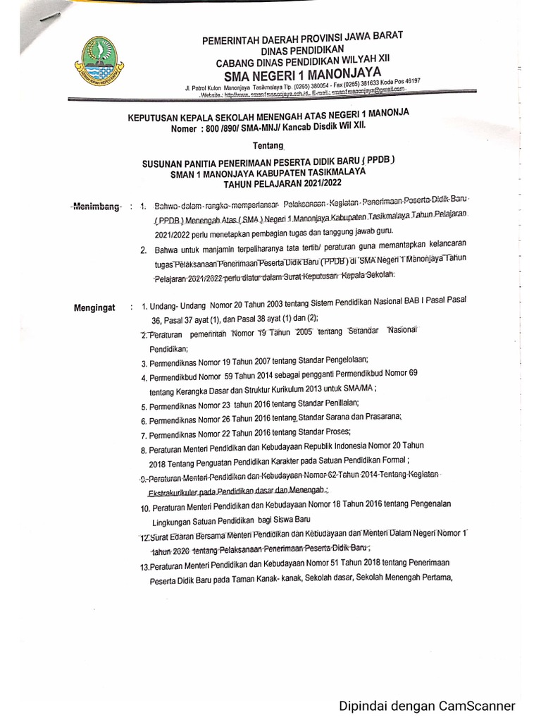 SK PANITIA PPDB Tahun Pelajaran 2021-2022 | PDF