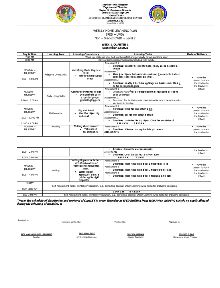 Weekly Home Learning Plan Sped - Lwds Non - Graded CWID - Level 2 | PDF | Behavior Modification ...