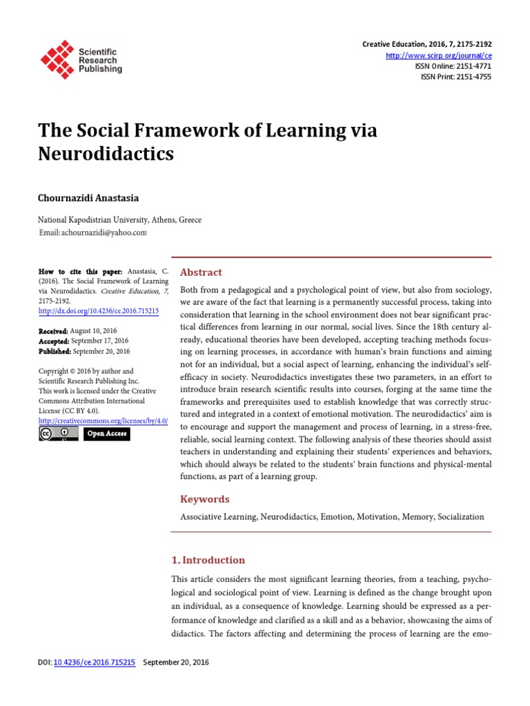 The Social Framework of Learning Via Neurodidactics | PDF | Memory ...