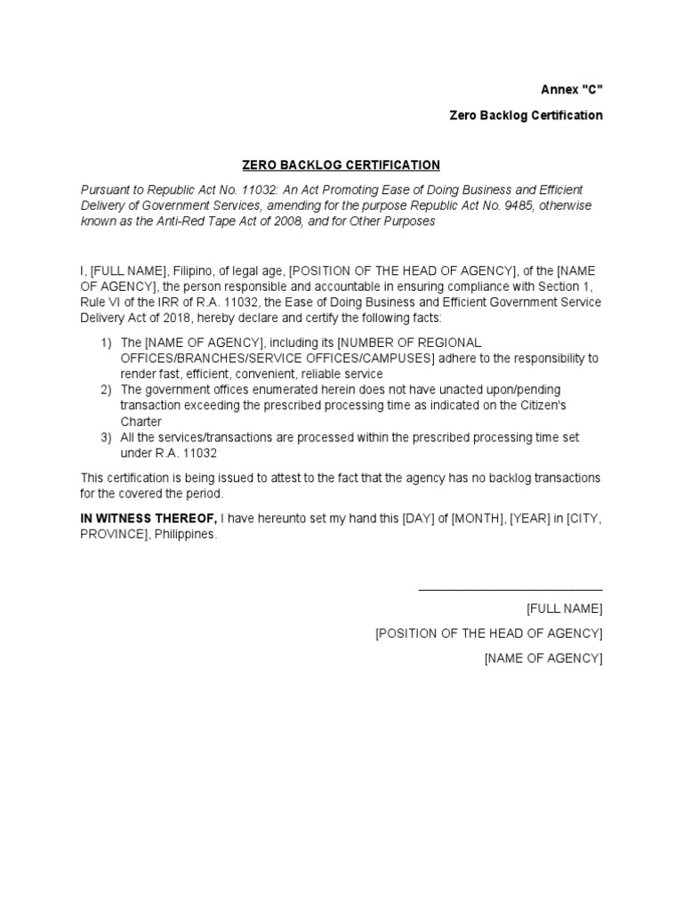 ARTA MC 2022 02 - Annex C - Zero Backlog Certification | PDF