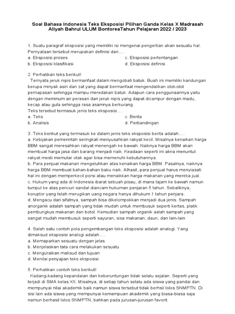 Soal Bahasa Indonesia Teks Eksposisi Pilihan Ganda Kelas X Madrasah Aliyah Bahrul ULUM ...