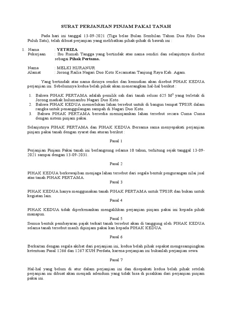Surat Perjanjian Pinjam Pakai Lahan | PDF