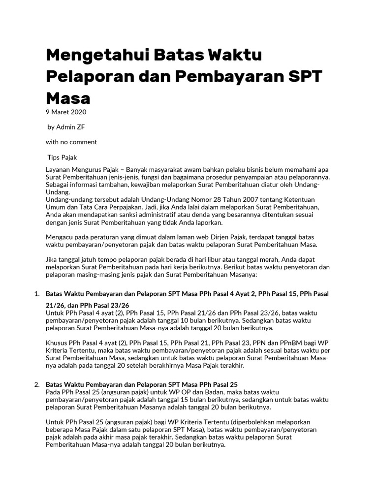 Mengetahui Batas Waktu Pelaporan Dan Pembayaran SPT Masa | PDF | Pengelolaan Keuangan & Uang ...