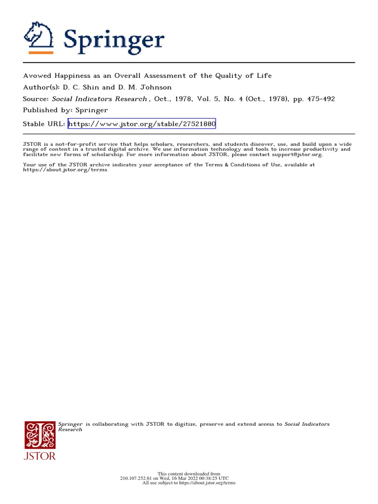 Avowed Happiness As An Overall Assessment of The Quality of Life | PDF ...