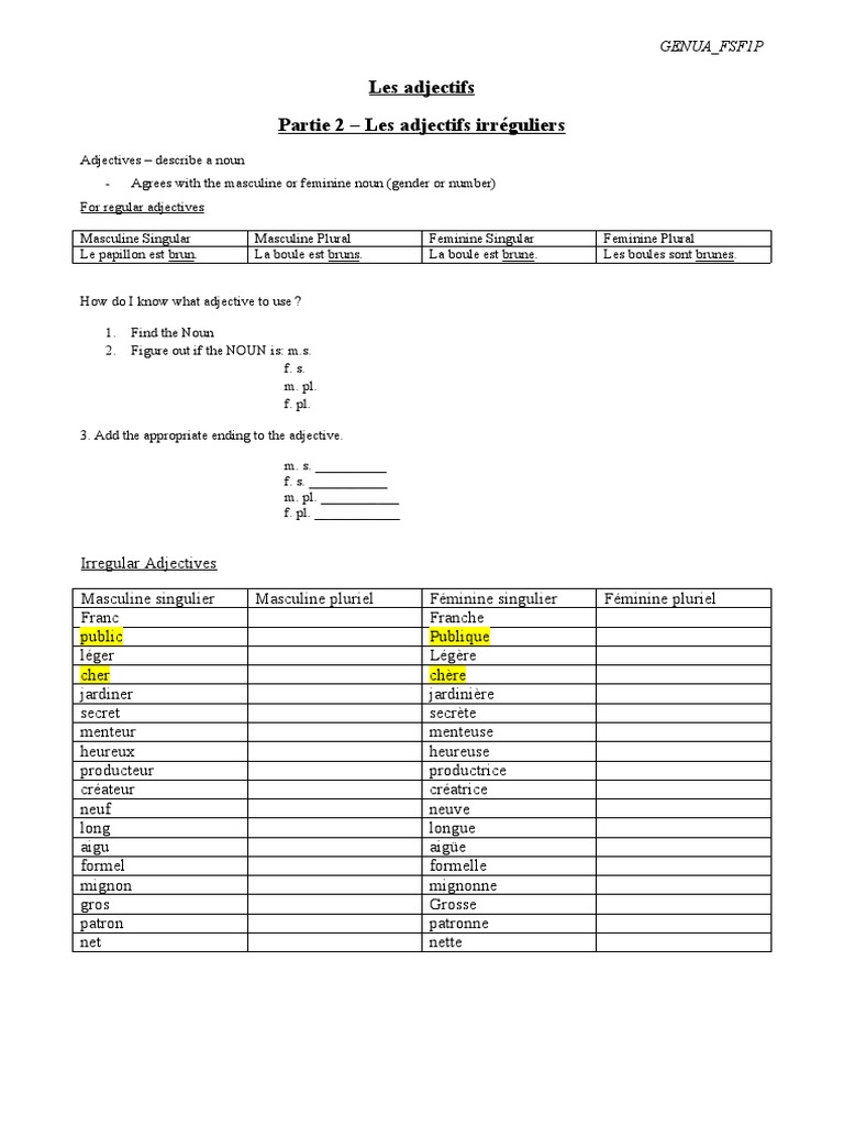 Adjectifs irréguliers en français | PDF | Nombre grammatical | Grammaire