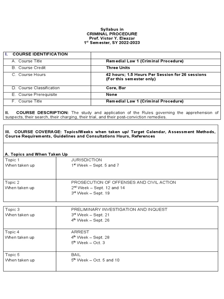 Crim Procedure Syllabus Eleazar | PDF | Jurisdiction | Test (Assessment)