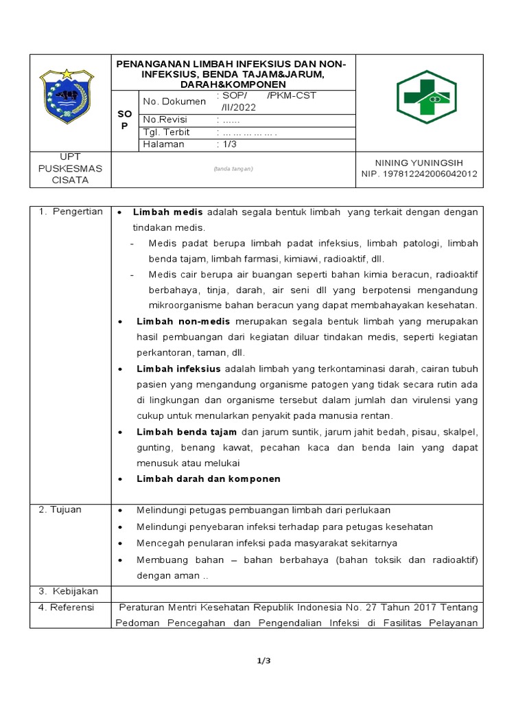 Penanganan Limbah Infeksius Dan Non-Infeksius, Benda Tajam&jarum, Darah&komponen | PDF