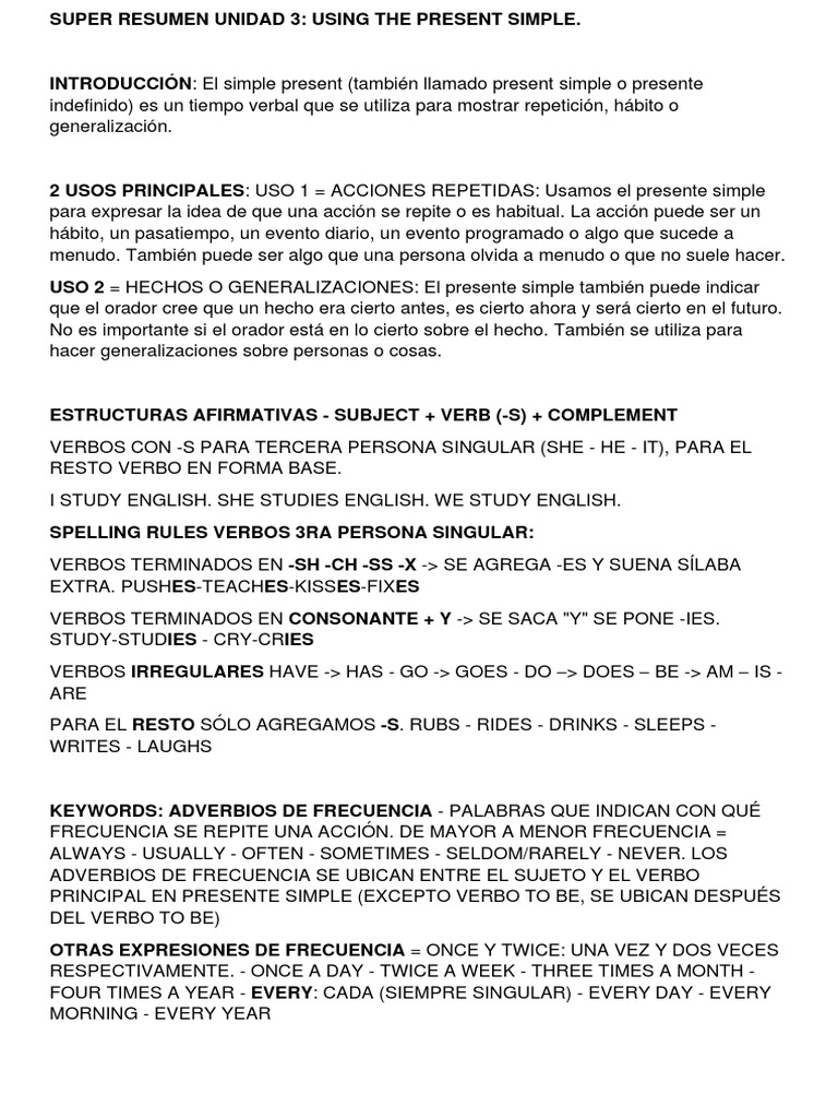 SuperResumen UNIT 3 (PRESENT SIMPLE) | PDF | Verbo | Lingüística