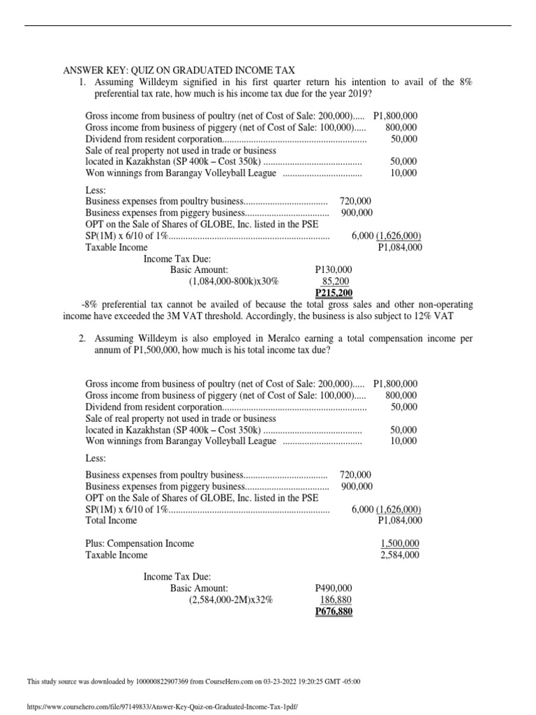 Answer Key Quiz On Graduated Income Tax 1 PDF | PDF | Taxes | Income