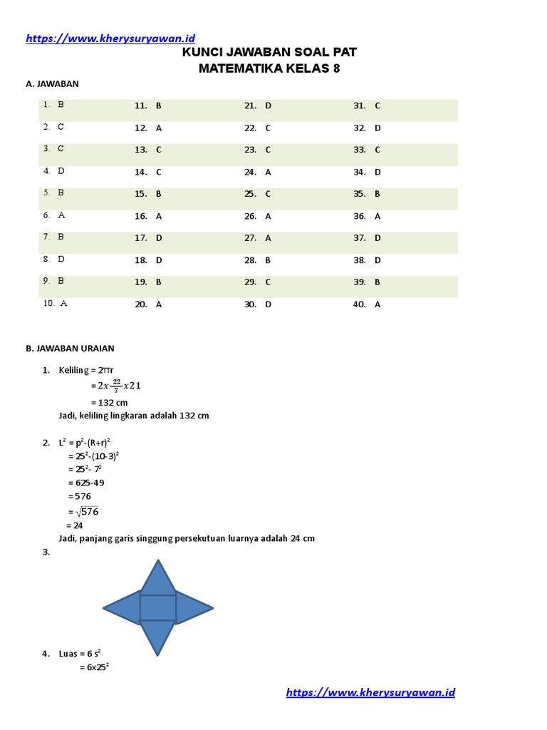 Kunci Jawaban Soal PAT Matematika Kelas 8 - WWW - Kherysuryawan.id | PDF