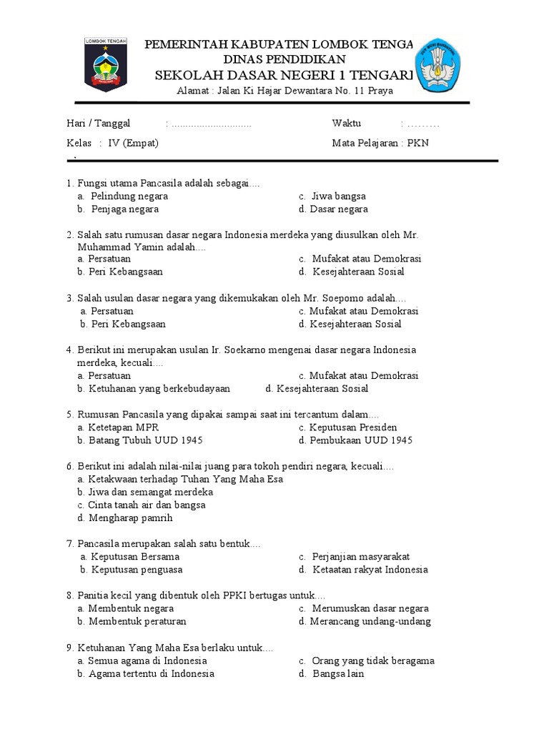 SOAL PTS PKN KELAS IV | PDF