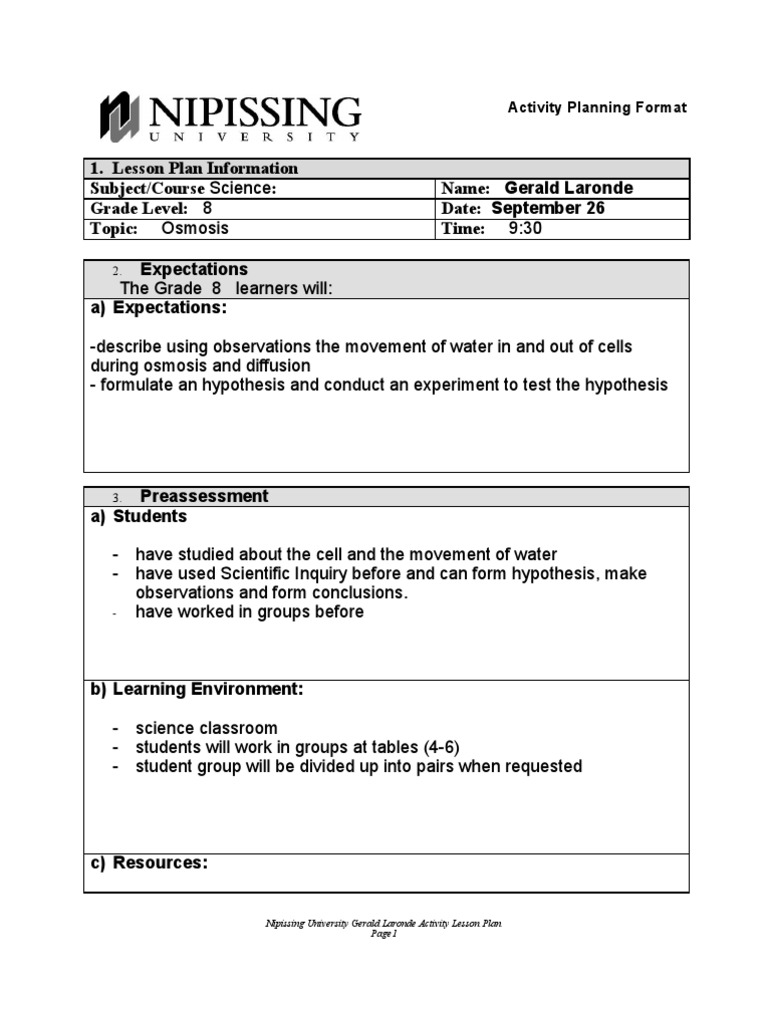 Osmosis Experiment Lesson Plan for Grade 8 | PDF | Osmosis | Lesson Plan
