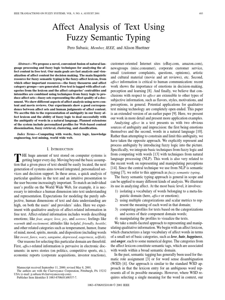 Affect Analysis of Text Using Fuzzy Semantic Typing | PDF | Fuzzy Logic | Part Of Speech
