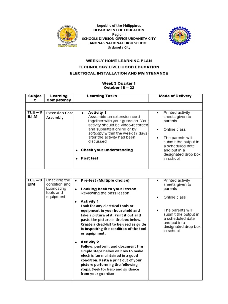 SUBJECT-WeeklyHomeLearningPlan Week 3 Quarter 1 (EIM) | PDF