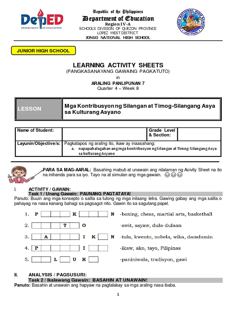 LEARNING ACTIVITY SHEETS Q4 w8 | PDF