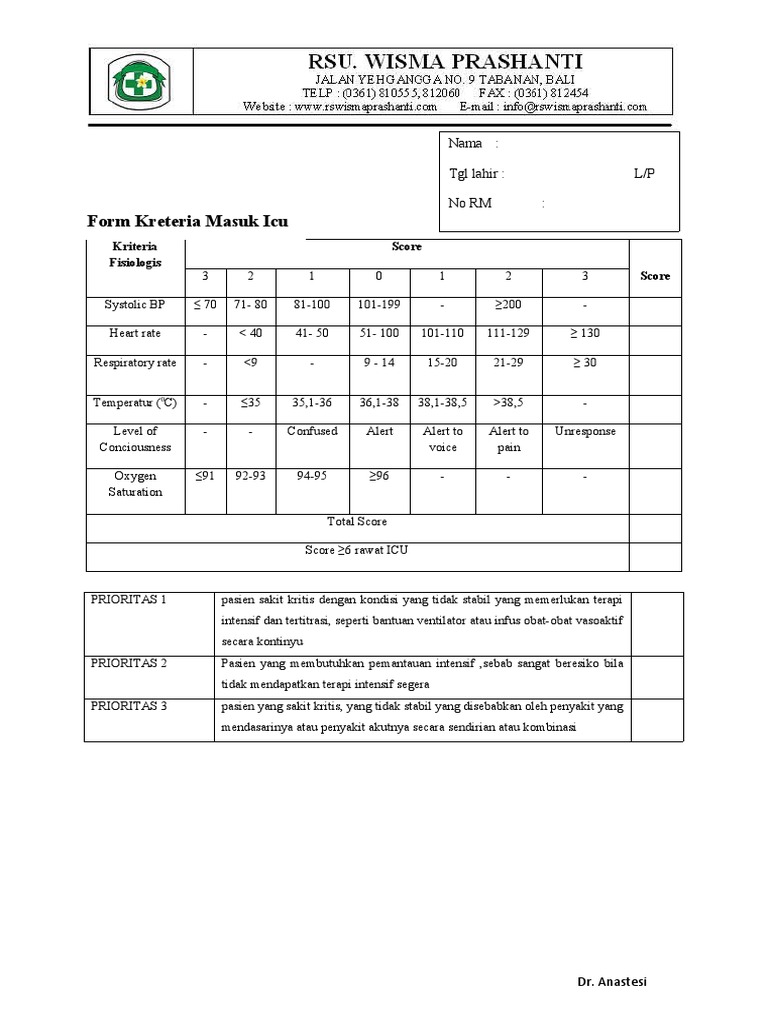 Form Kreteria Masuk Icu Baru | PDF