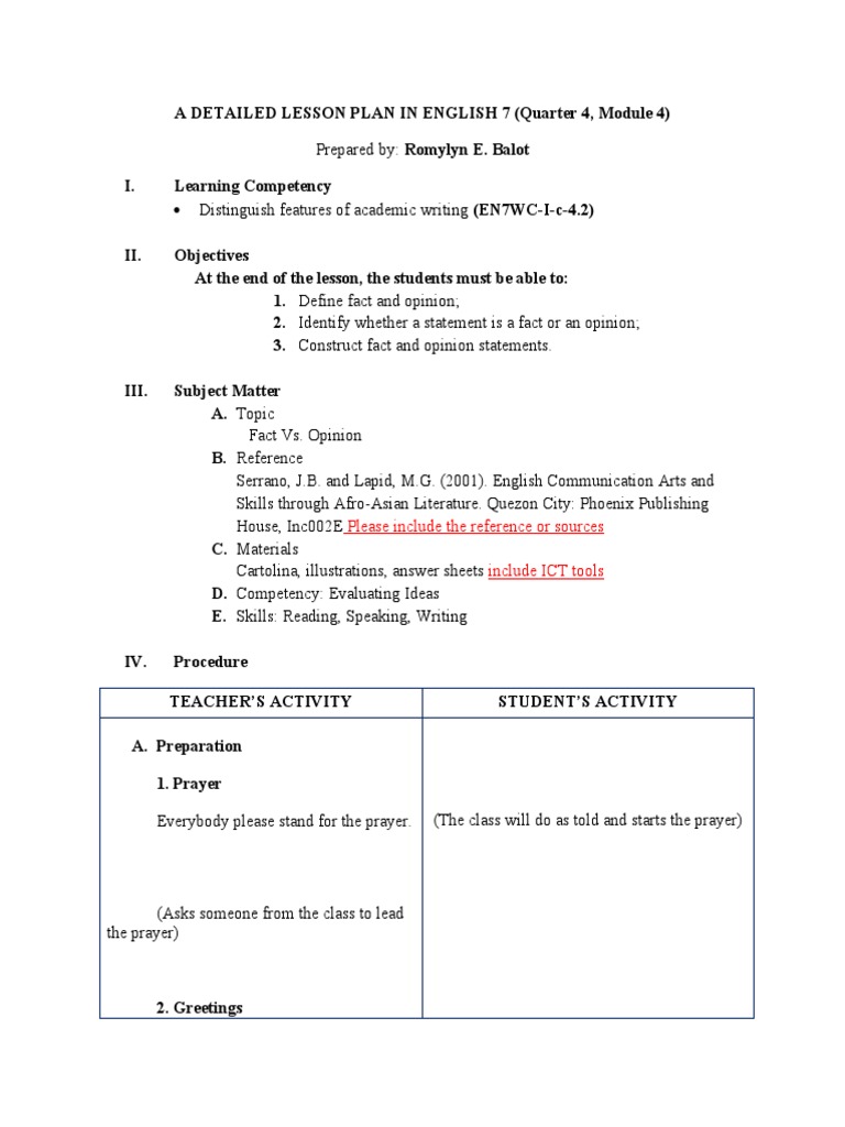 Grade 7 English Lesson: Fact vs. Opinion | PDF | Lesson Plan | Information