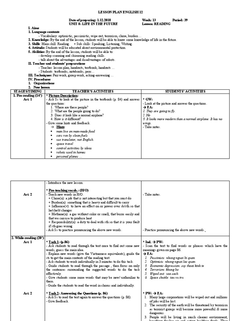 E12-Unit 8 | PDF | Lesson Plan | Vocabulary