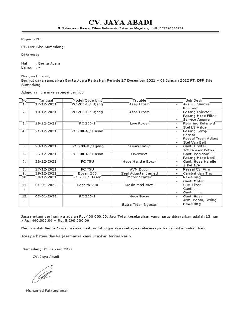 CV Jaya Abadi Berita Acara | PDF