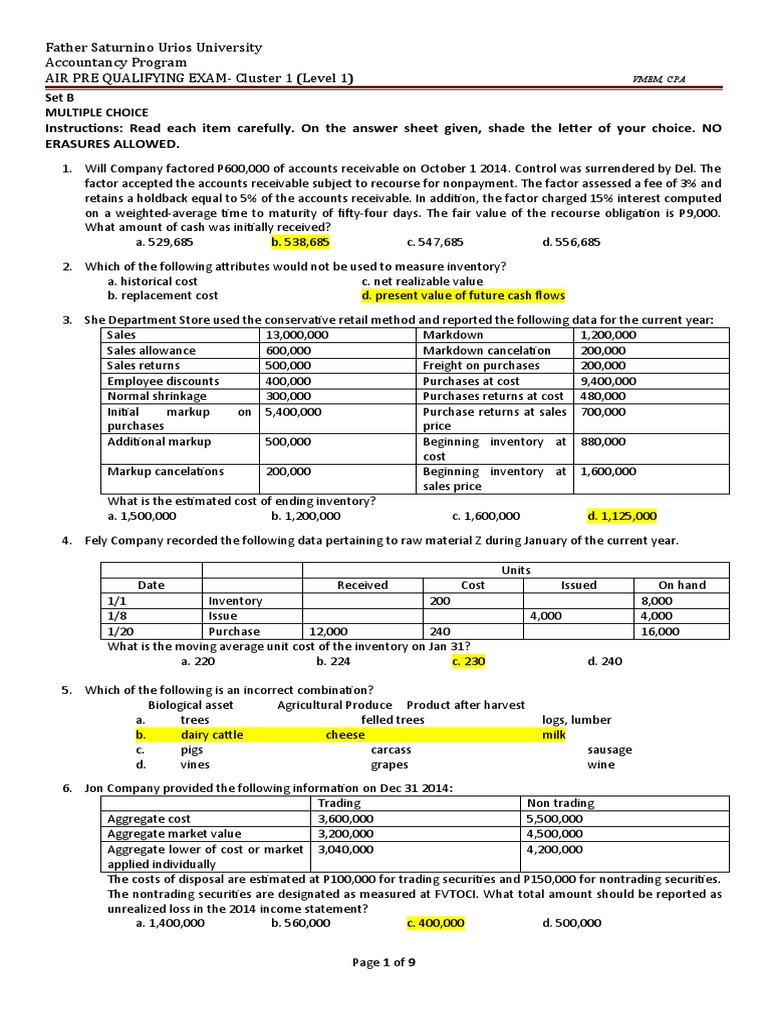 Prequalifying Exam Level 2 3 Set B FSUU Accounting | PDF | Depreciation ...