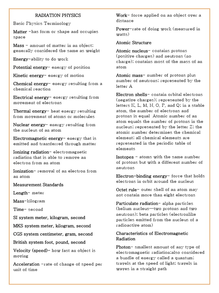 Radiation Physics: Key Concepts Explained | PDF | Atoms | Proton