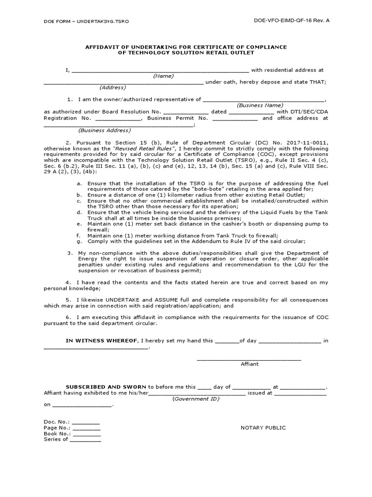 TSRO Undertaking Form | PDF | Affidavit | Common Law