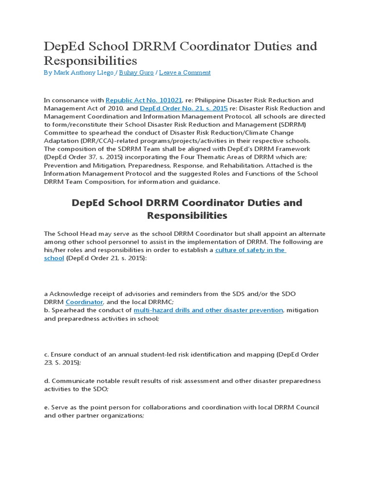 School DRRM Coordinator Roles and Duties | PDF | Emergency Management ...