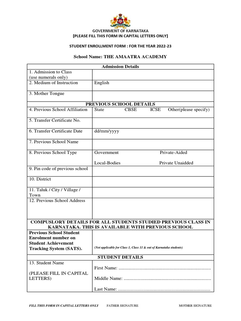 Karnataka Student Enrollment Form 2022-23 | PDF