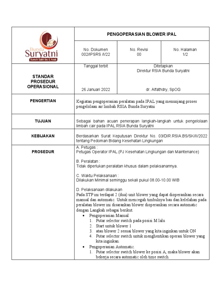 Spo Pengoperasian Blower Ipal | PDF