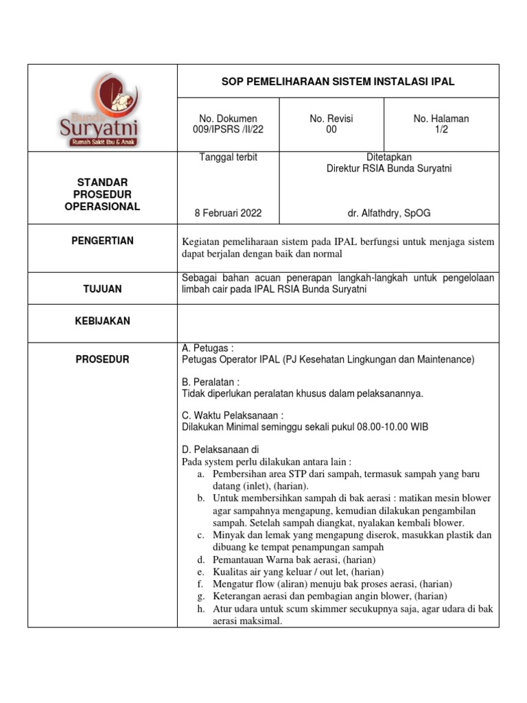 Spo Pemeliharaan Sistem Ipal | PDF